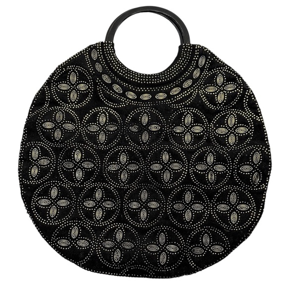 Vintage | Bags | Vintage Black Gold Beaded Statement Round Handbag ...